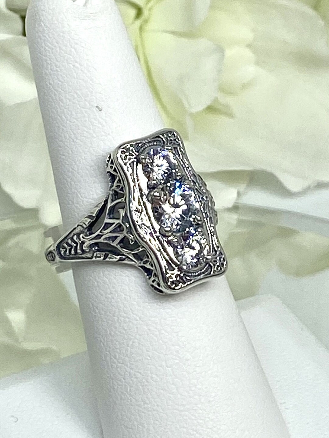 White Gemstone Ring / Round 3 Gems With Edwardian Sterling Silver ...