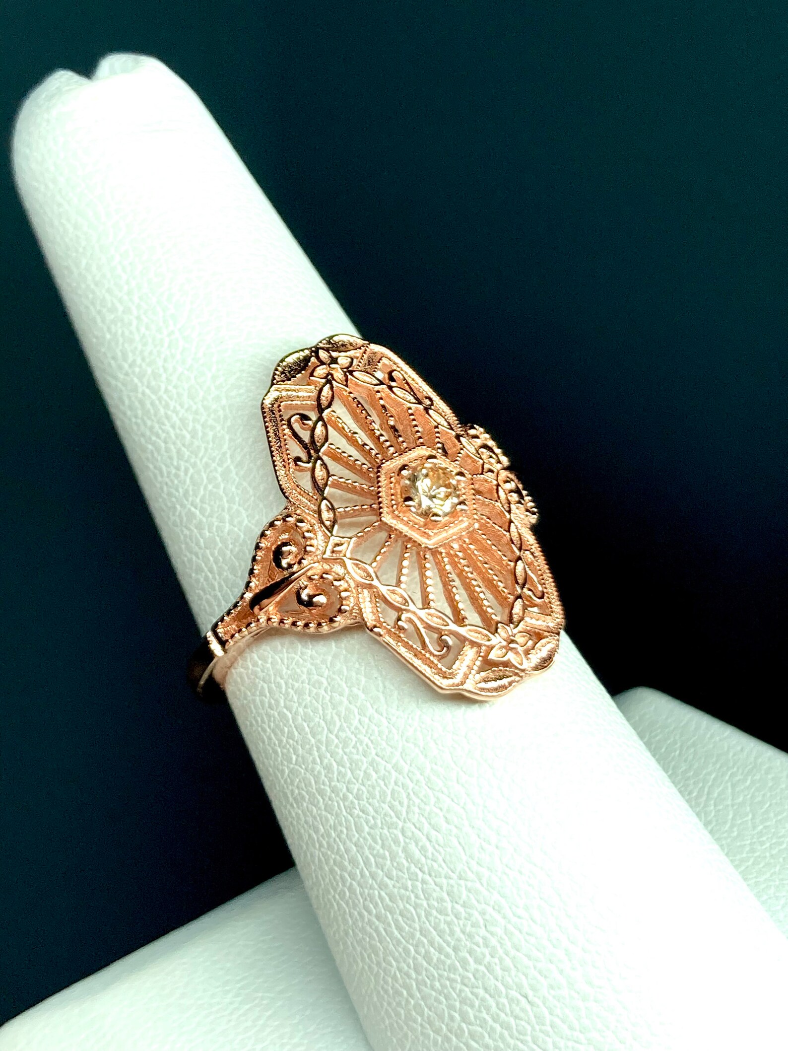 Vintage Style Champagne CZ Ring | Rose Gold & Sterling Silver | Peach ...