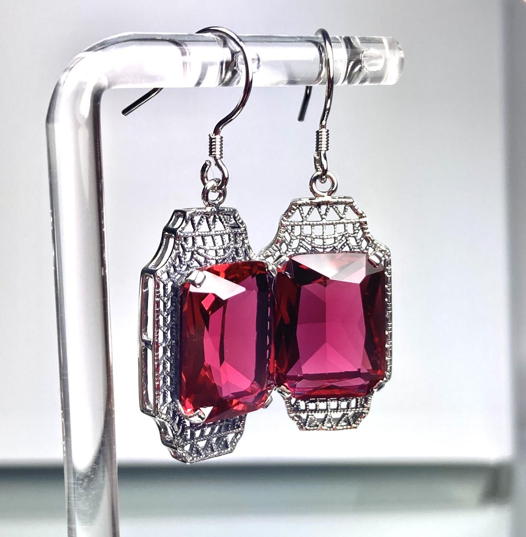 Ruby Earrings/ Sterling Silver/ 9ct Simulated Red Ruby Art Deco 1930s ...