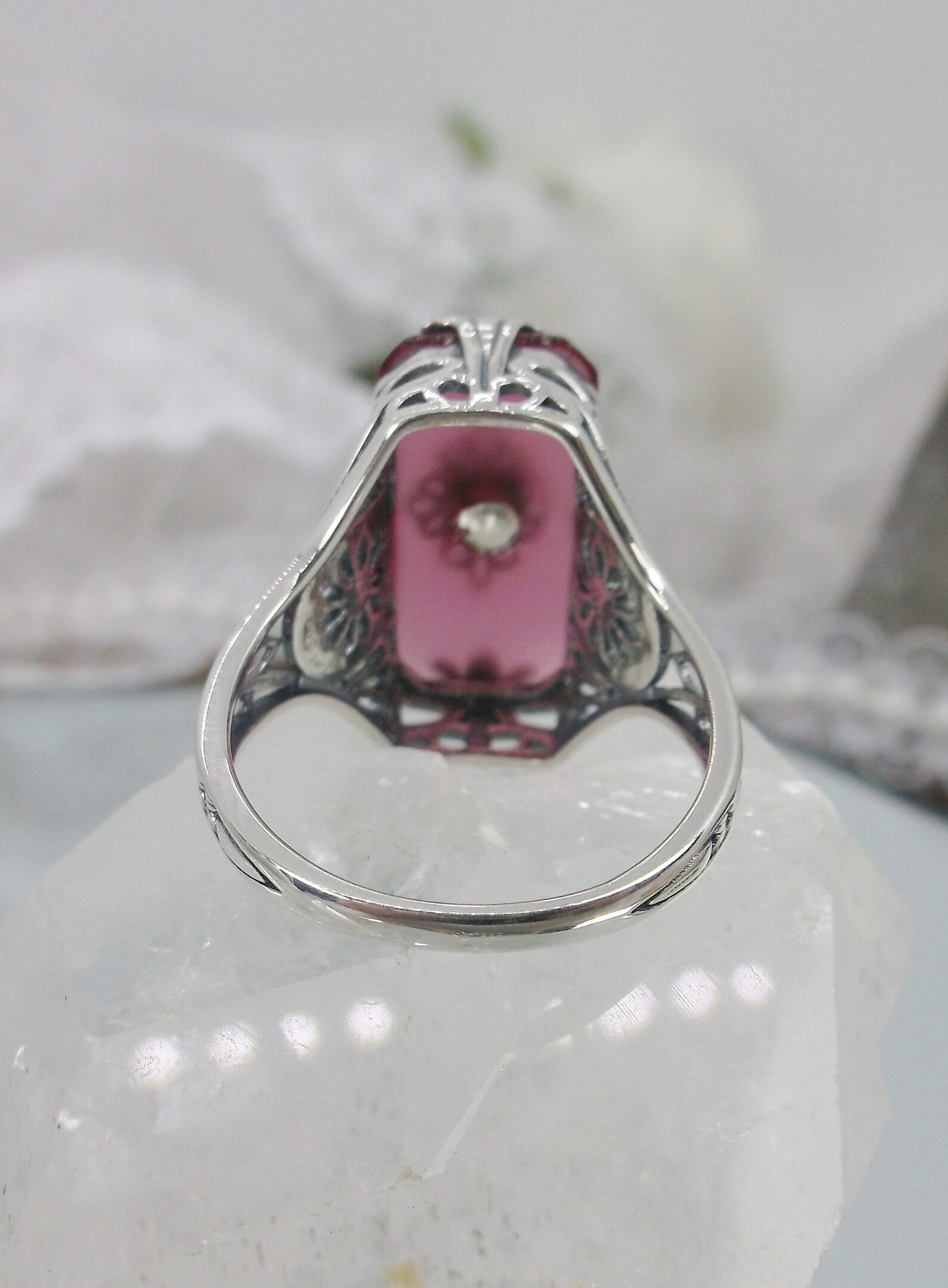 Rose Camphor Glass Ring/ Embellished Inset Stone With Sterling Silver ...