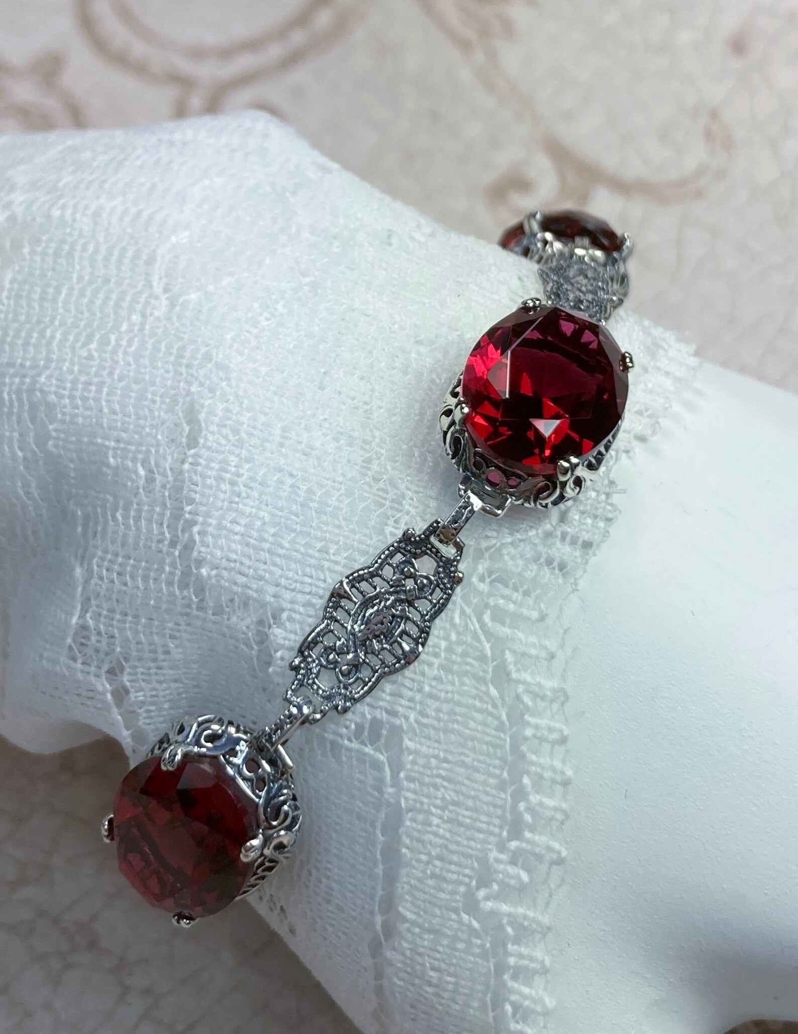 Red Ruby Bracelet/ Sterling Silver/ Oval Simulated Red Ruby - Etsy