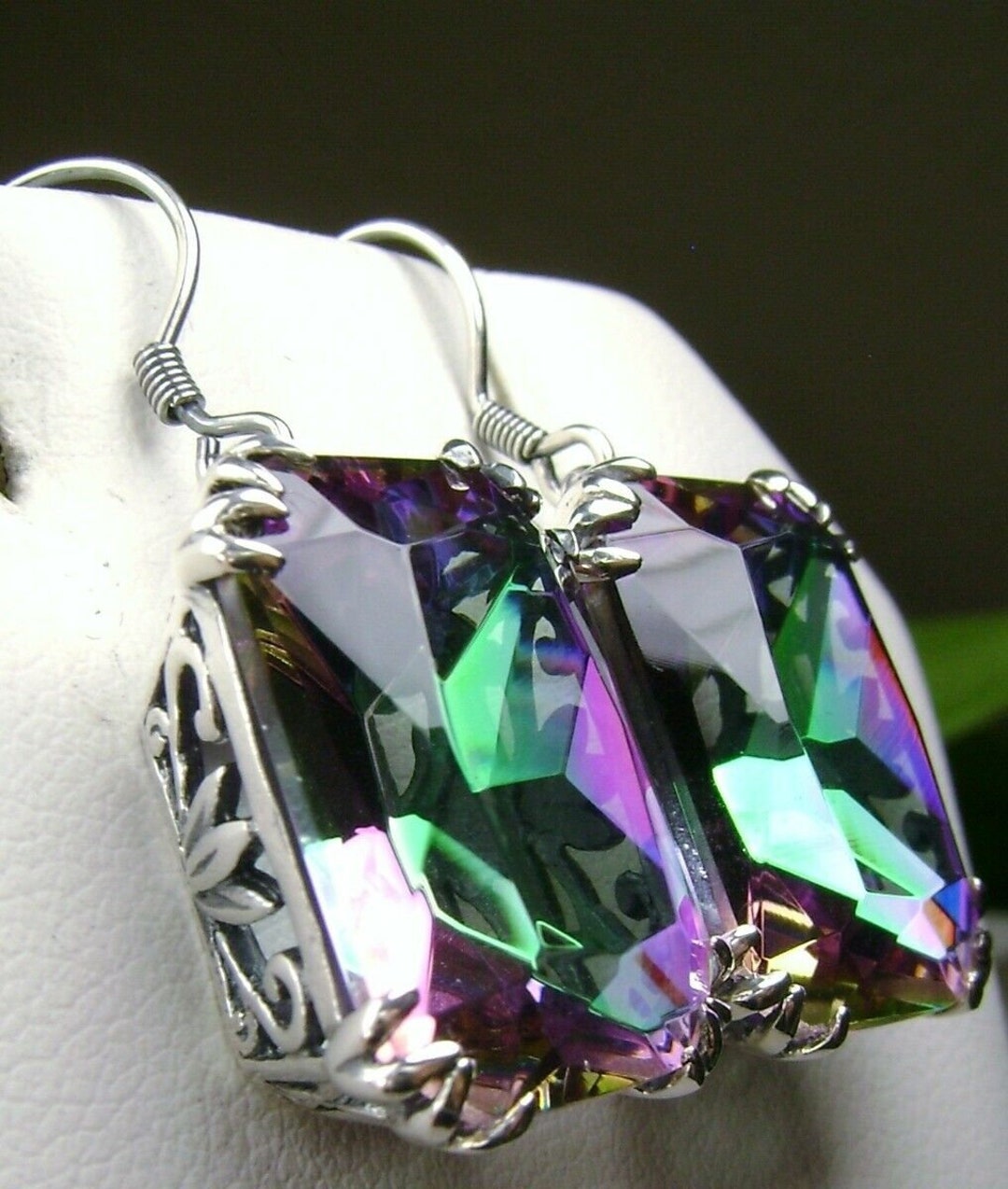 Mystic Topaz Earrings, Simulated Rainbow Gems, Floral Leaf Sterling ...