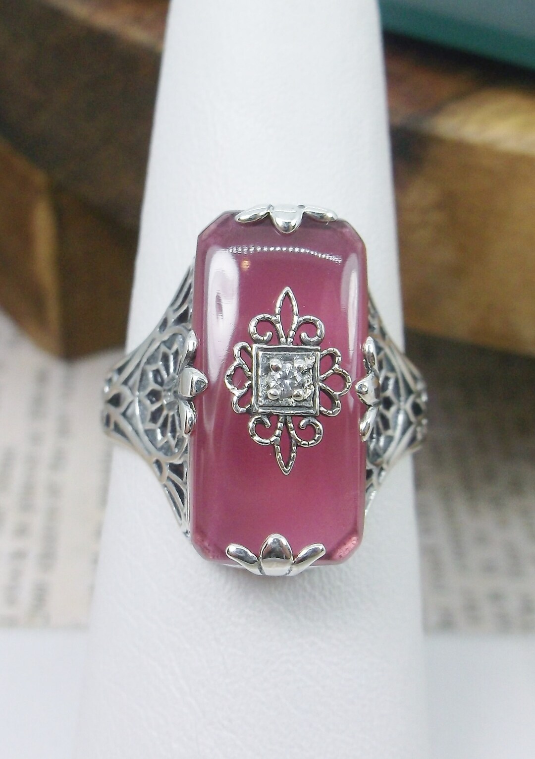 Rose Camphor Glass Ring/ Embellished Inset Stone With Sterling Silver ...