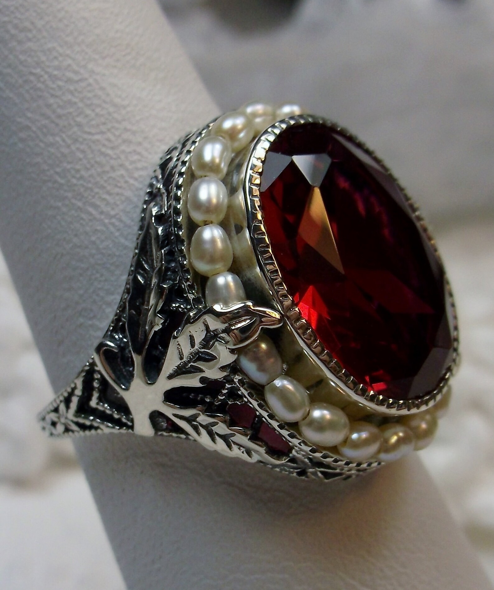 Ruby & Pearl Ring/ Solid Sterling Silver/ Oval Simulated Ruby - Etsy