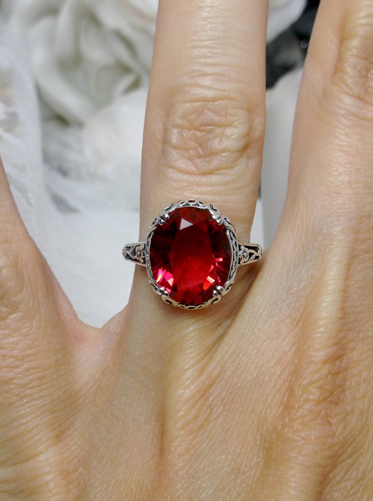 Ruby Ring/ Sterling Silver/ 5ct Simulated Ruby Silver Floral | Etsy