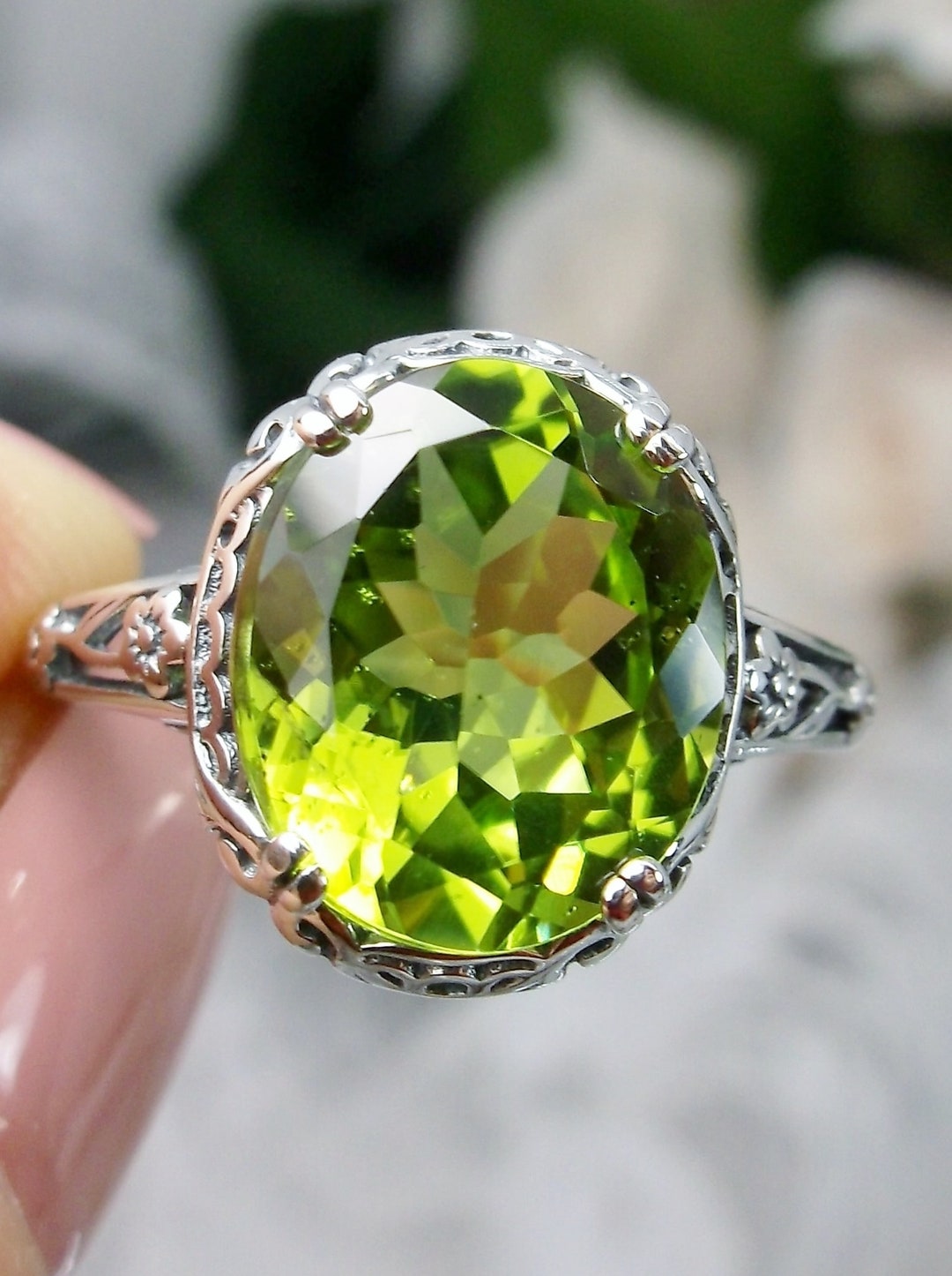 Natural Peridot Ring/ Sterling Silver/ 4ct Green Peridot, Floral ...