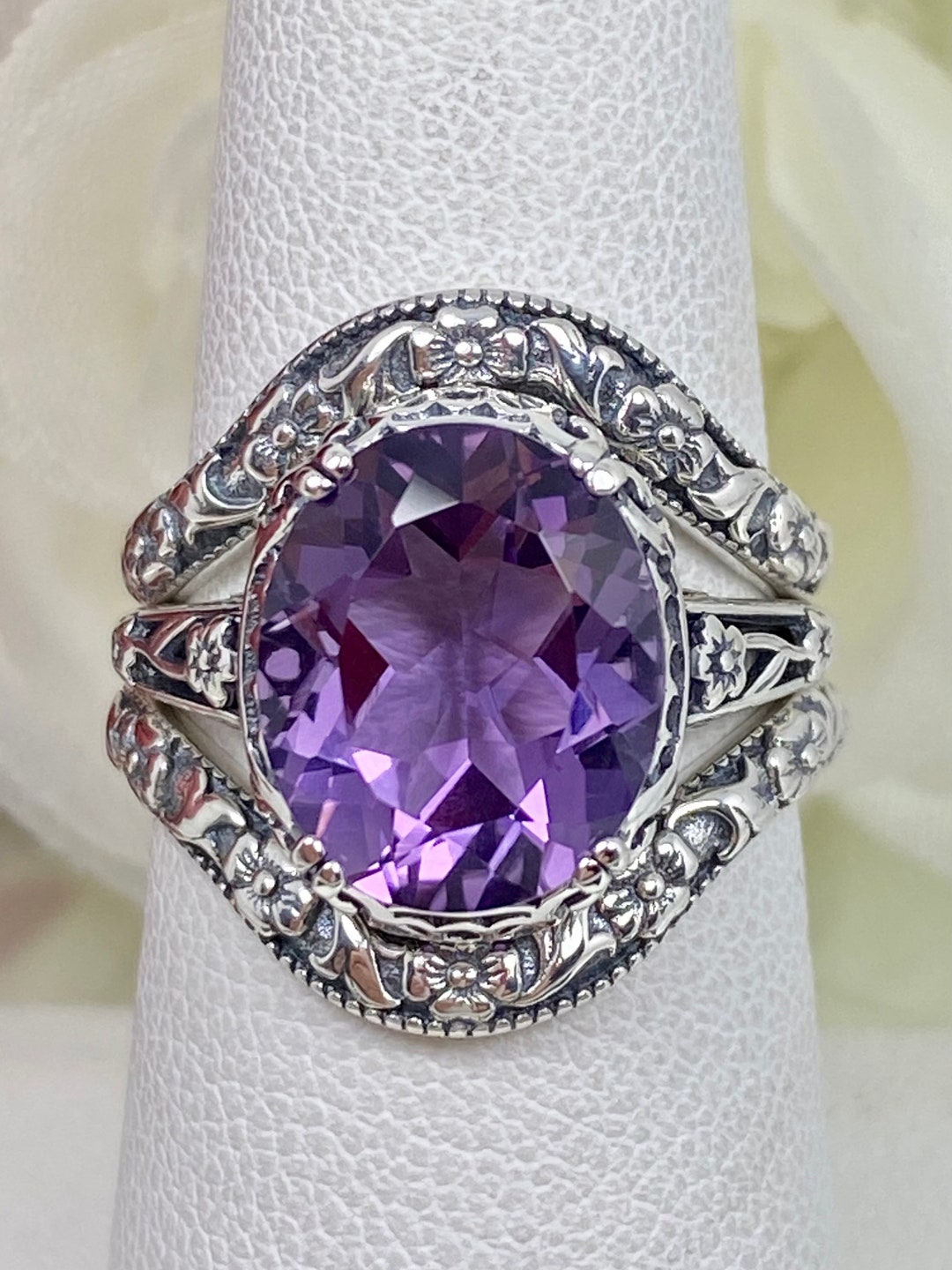 Natural Amethyst Ring With Floral Band Set/ Sterling Silver Ring/ 3ct ...
