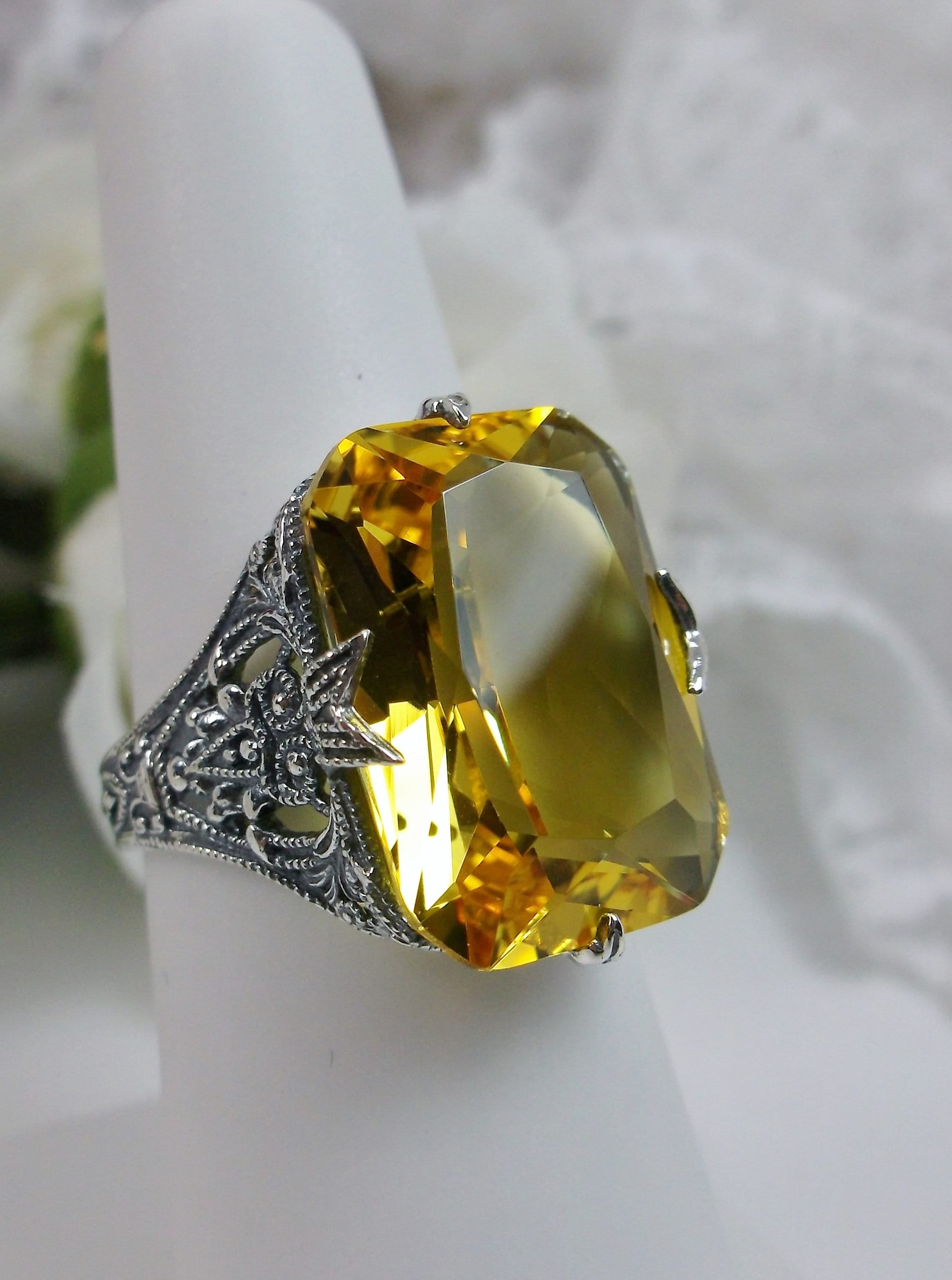 Citrine Ring/ Solid Sterling Silver/ 12ct Simulated Lemon | Etsy