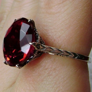 Red Ruby Ring/ Solid Sterling Silver/ 6ct Round Cut Simulated Red Ruby Edwardian 1910 Etched ...