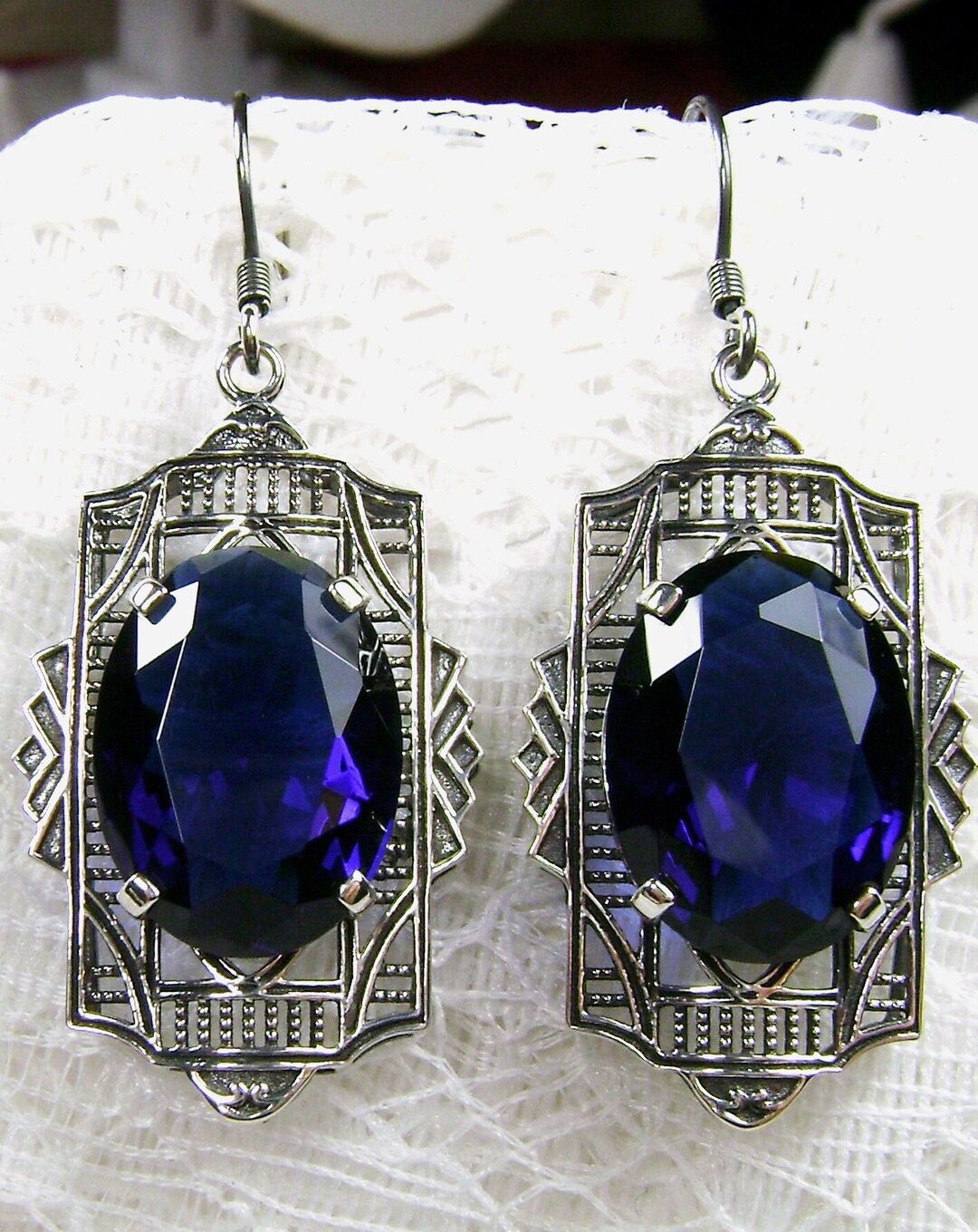 Blue Sapphire Earrings/ Solid Sterling Silver/ Oval Simulated Blue Sapphire, Art Deco 1920s ...