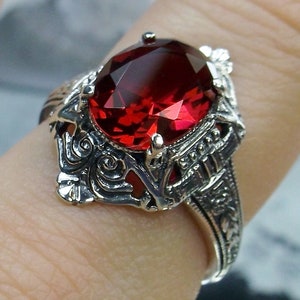 Ruby Ring/ Solid Sterling Silver/ Oval Simulated Red Ruby, Egyptian Filigree, Classic Art Deco ...