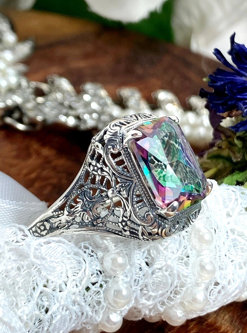 Antique Mystic Topaz Ring • Rectangle Rainbow Mystic Topaz • Sterling ...
