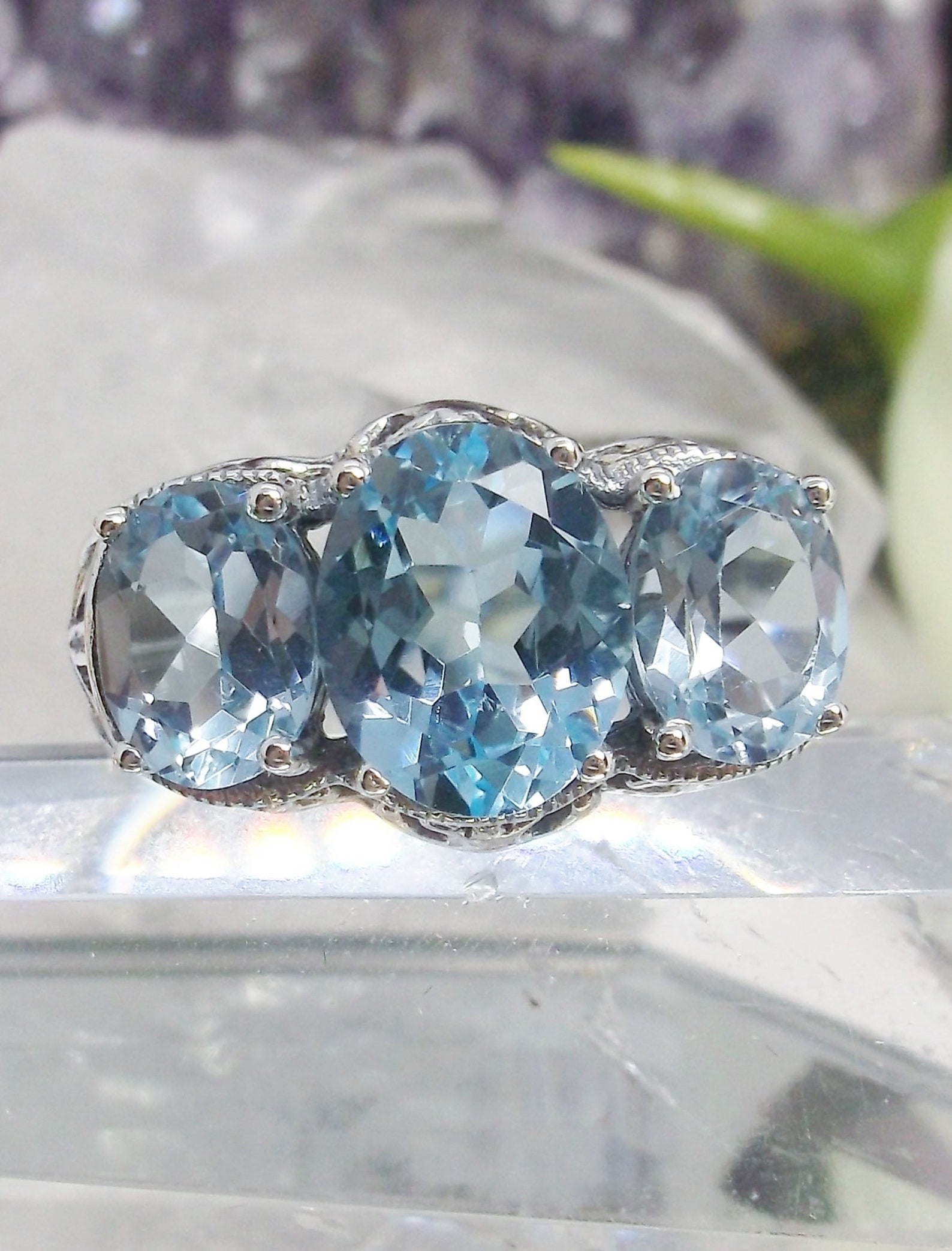 Natural Topaz Ring/ Solid Sterling Silver/ 3-Gem Oval Cut | Etsy