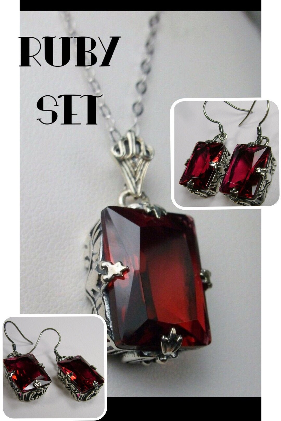Red Ruby Earrings & Necklace Set / Rectangle Simulated - Etsy