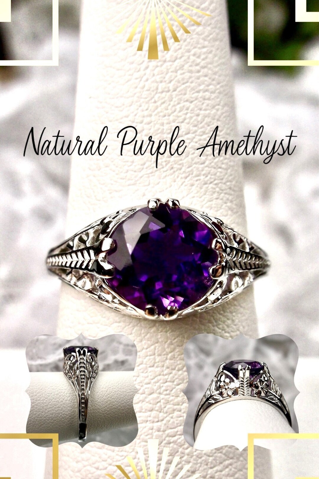 Natural Purple Amethyst Ring Sterling Silver or White Gold, 2ct ...