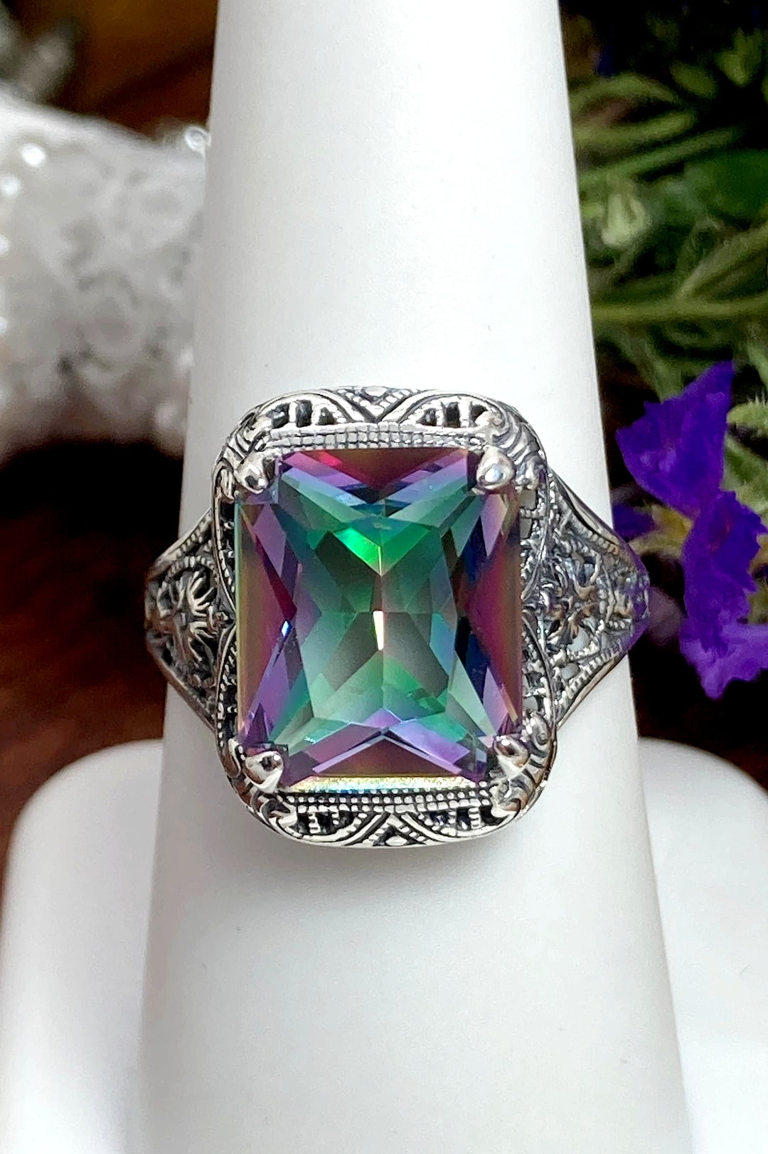 Antique Mystic Topaz Ring • Rectangle Rainbow Mystic Topaz • Sterling ...
