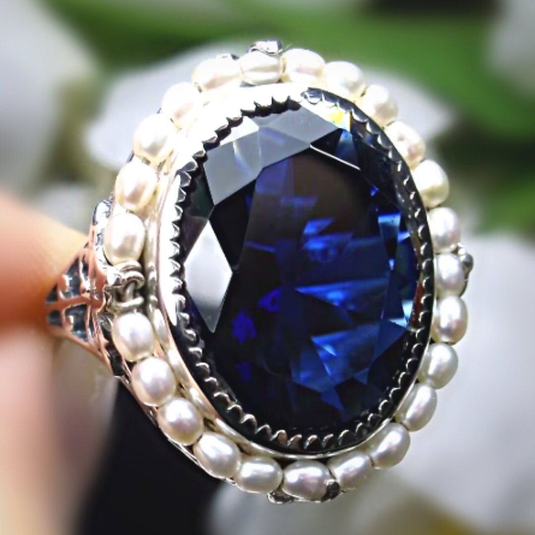 Sapphire Ring Sterling Silver 18ct Oval Simulated Blue Gem - Etsy