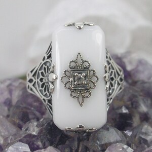 White Inset Stone Ring Sterling Silver/ Embellished Gem & CZ ...