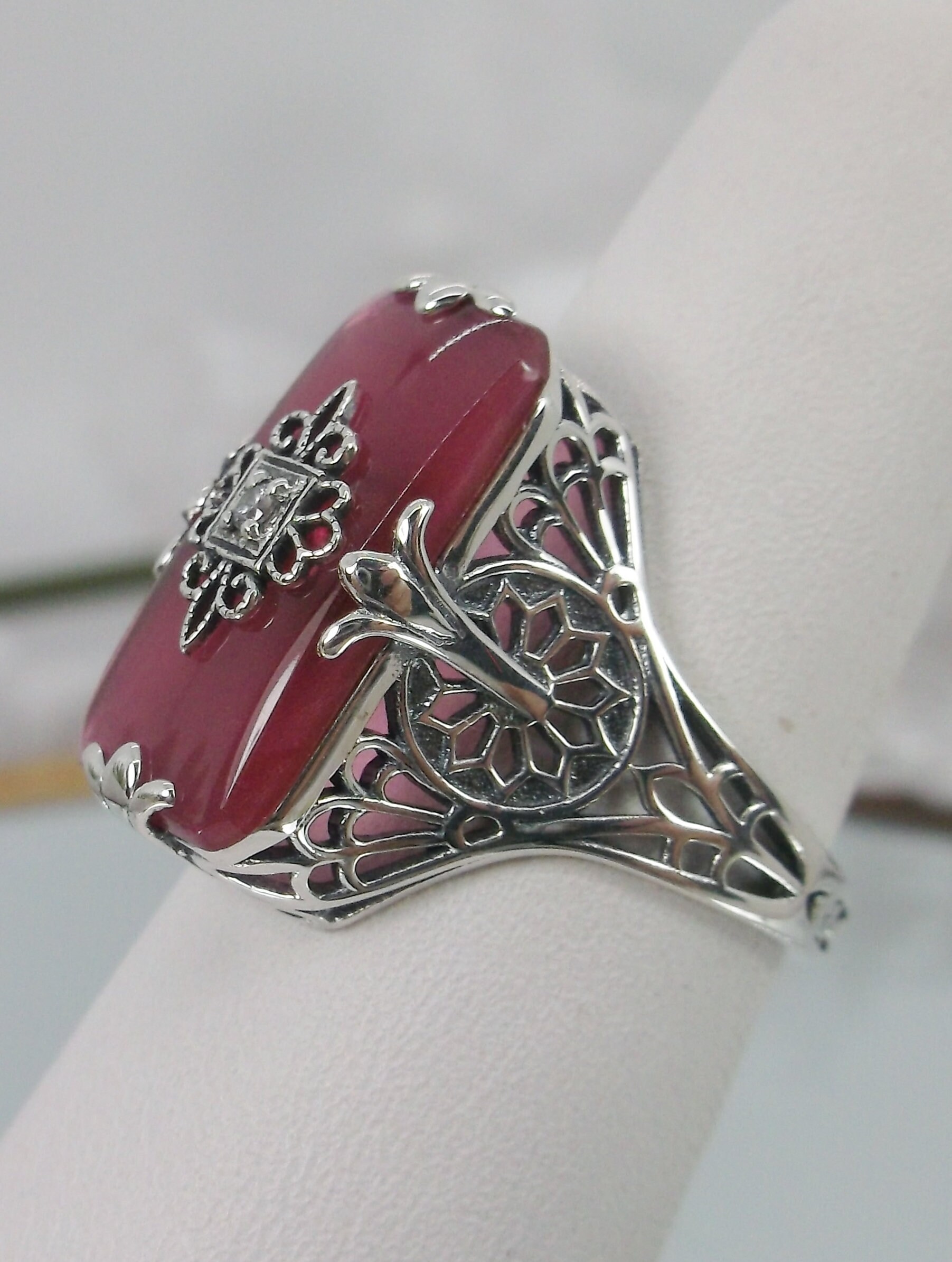 Rose Camphor Glass Ring/ Embellished Inset Stone With Sterling Silver ...