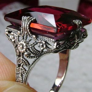 Red Ruby Ring/ Solid Sterling Silver/ Square 12ct Simulated Red Ruby Victorian Floral Filigree ...