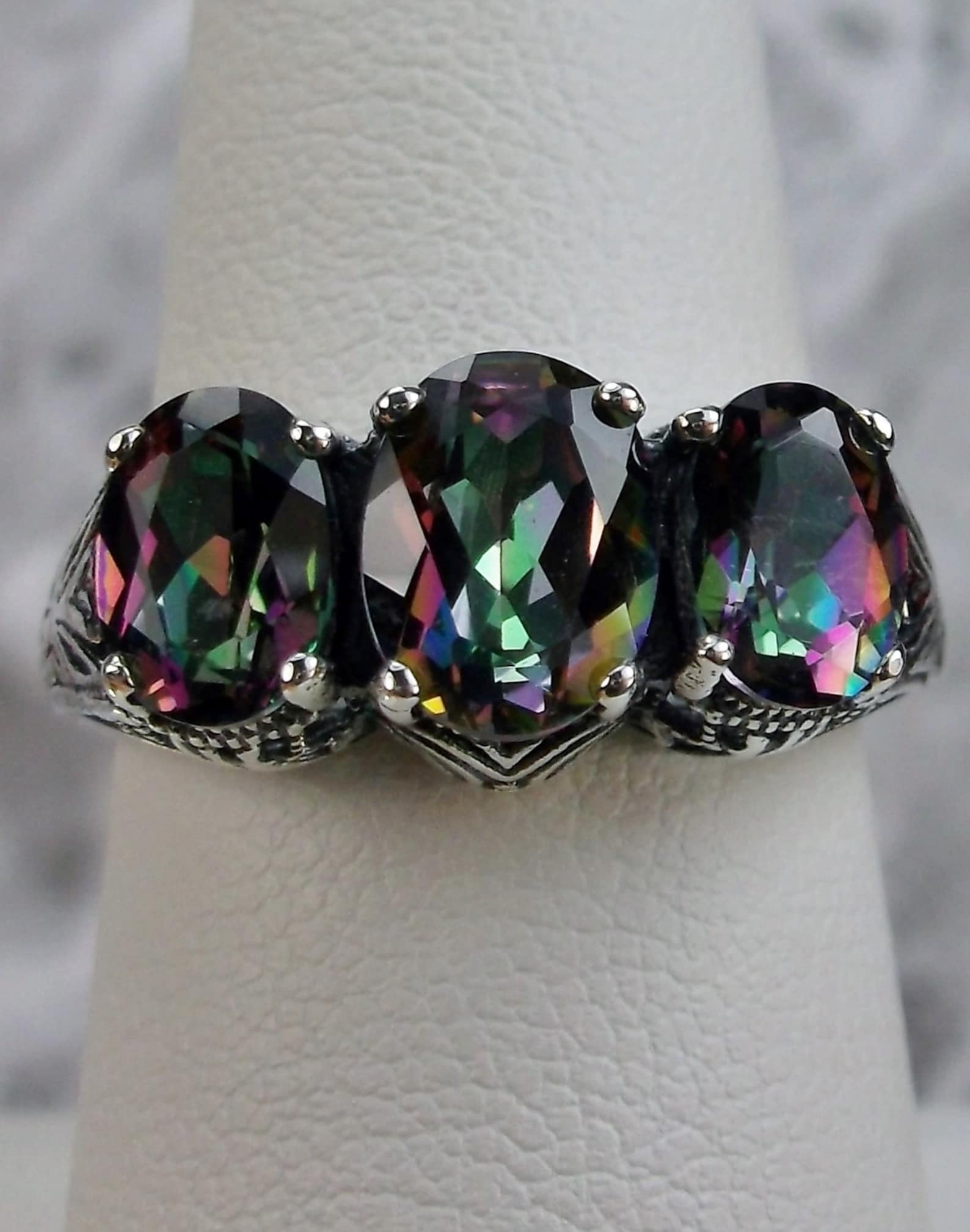 Mystic Topaz Ring/ Solid Sterling Silver/ Mystic Topaz 3gem Art Deco ...