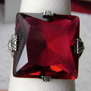 Red Ruby Ring/ Solid Sterling Silver/ Square 12ct Simulated Red Ruby Victorian Floral Filigree ...