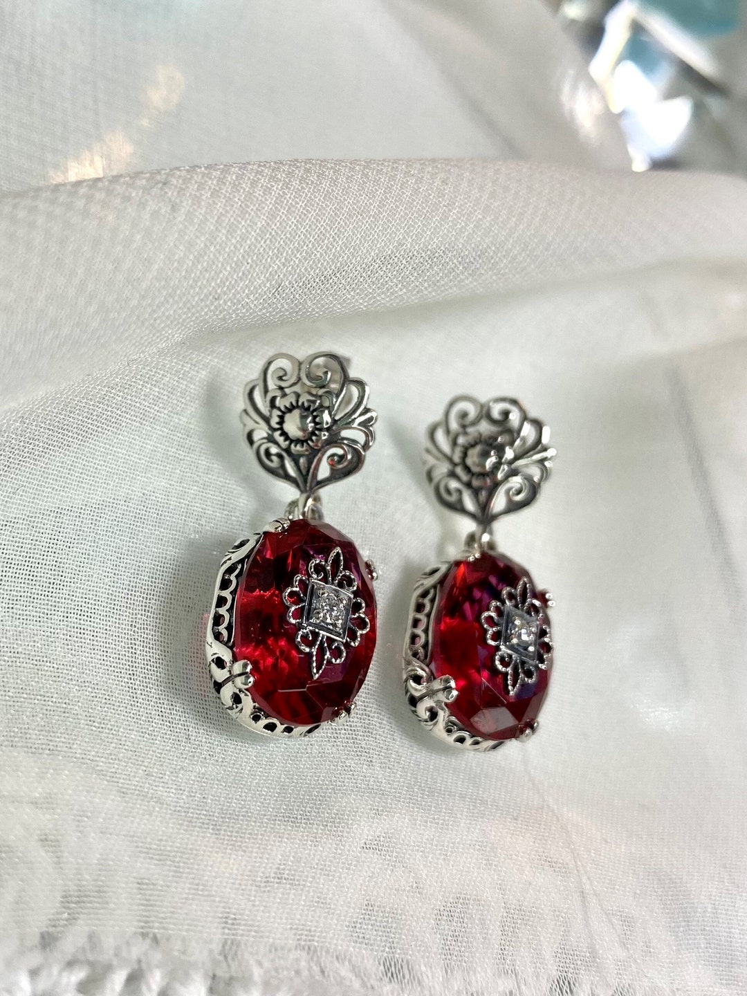 Pink Filigree Earrings Sterling Silver/ White CZ, Moissanite, Diamond ...