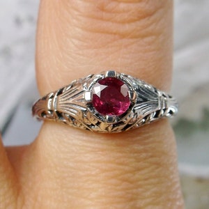 Natural Ruby Ring/ Solid Sterling Silver/ Natural Red Ruby Edwardian Floral Wedding Leaf ...