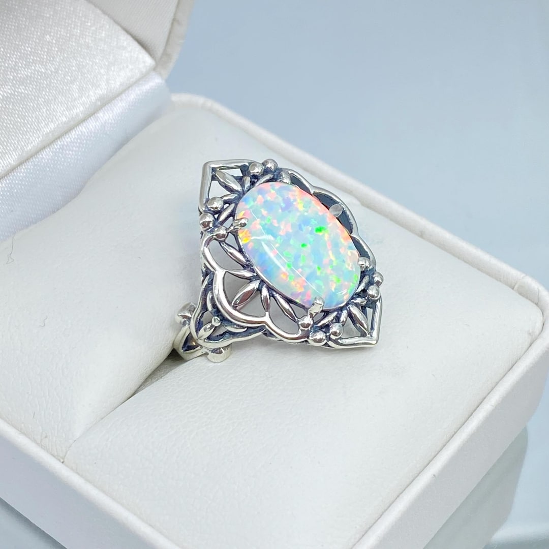Rainbow Opal White Ring/ Sterling Silver/ Oval Simulated Opal Gem Mesh ...
