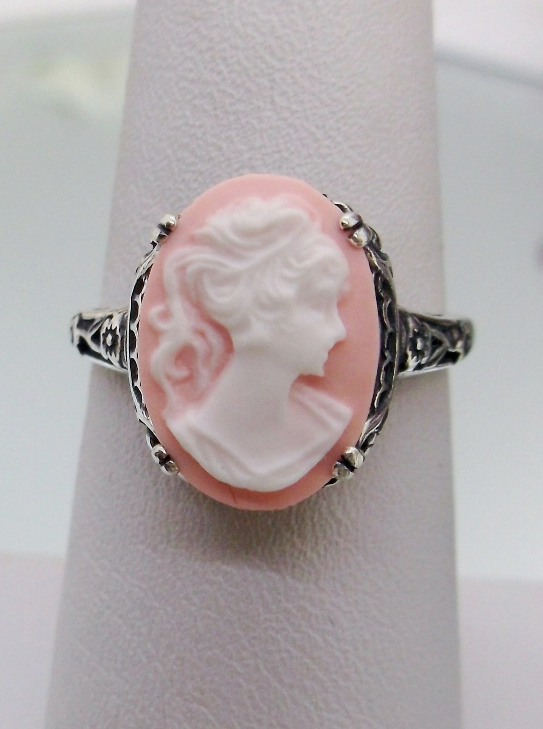 Cameo Lady Ring/ Solid Sterling Silver/ Light Pink & White Silhouette ...