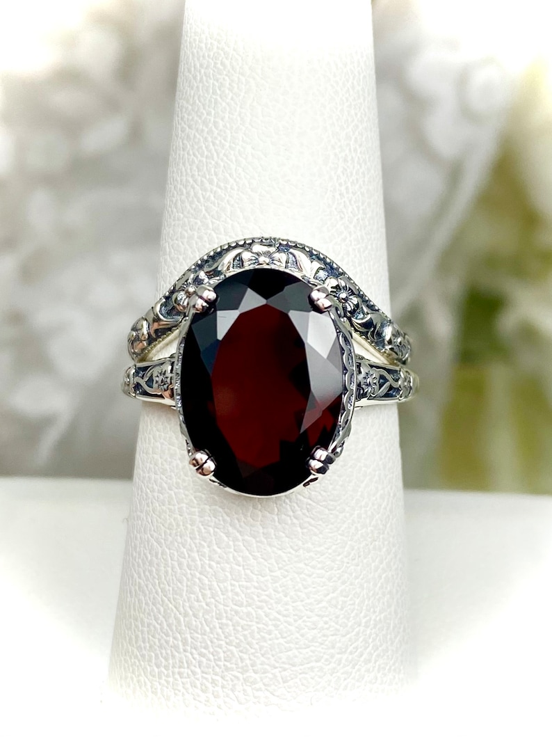 Red Garnet Ring & Floral Band Set / Natural 7ct Oval Gem With Sterling ...
