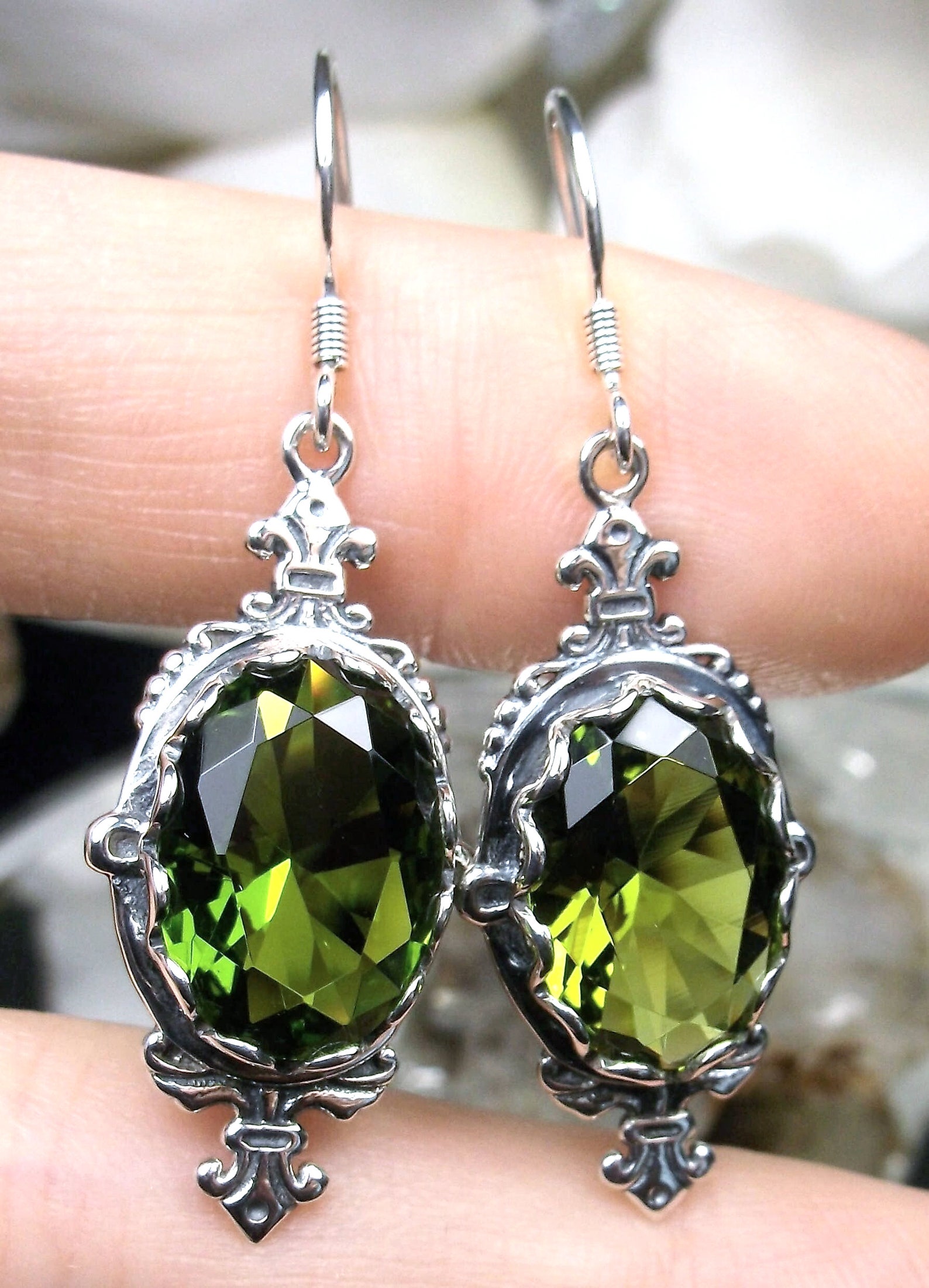 Peridot Green Earrings/ 925 Sterling Silver/ Simulated Peridot Gem ...