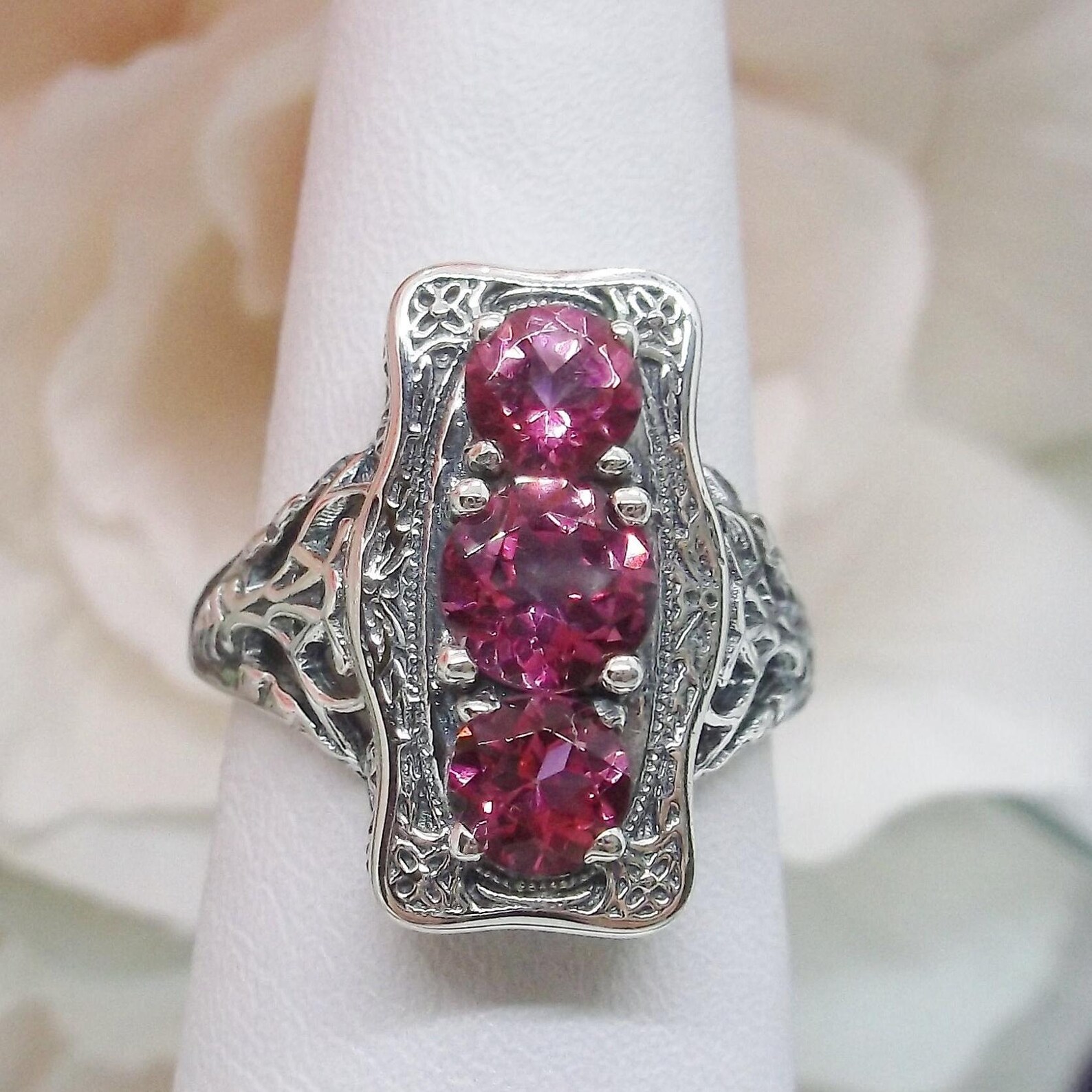 Natural Pink Topaz Ring / Round 3 Gems With Edwardian Sterling Silver ...