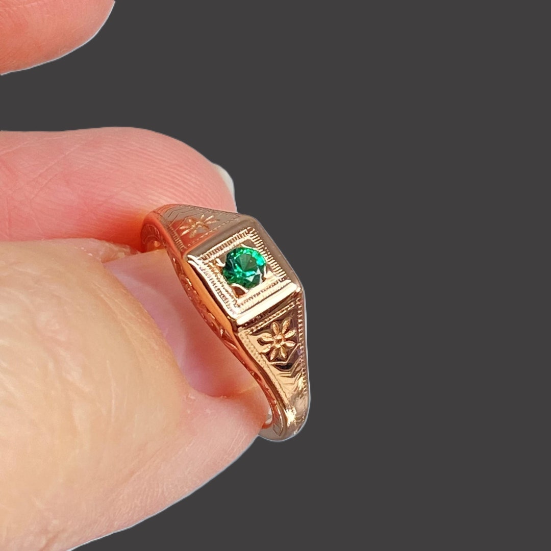 Natural Emerald Ring • Round Green Gem • Art Deco Rose Gold Plated ...