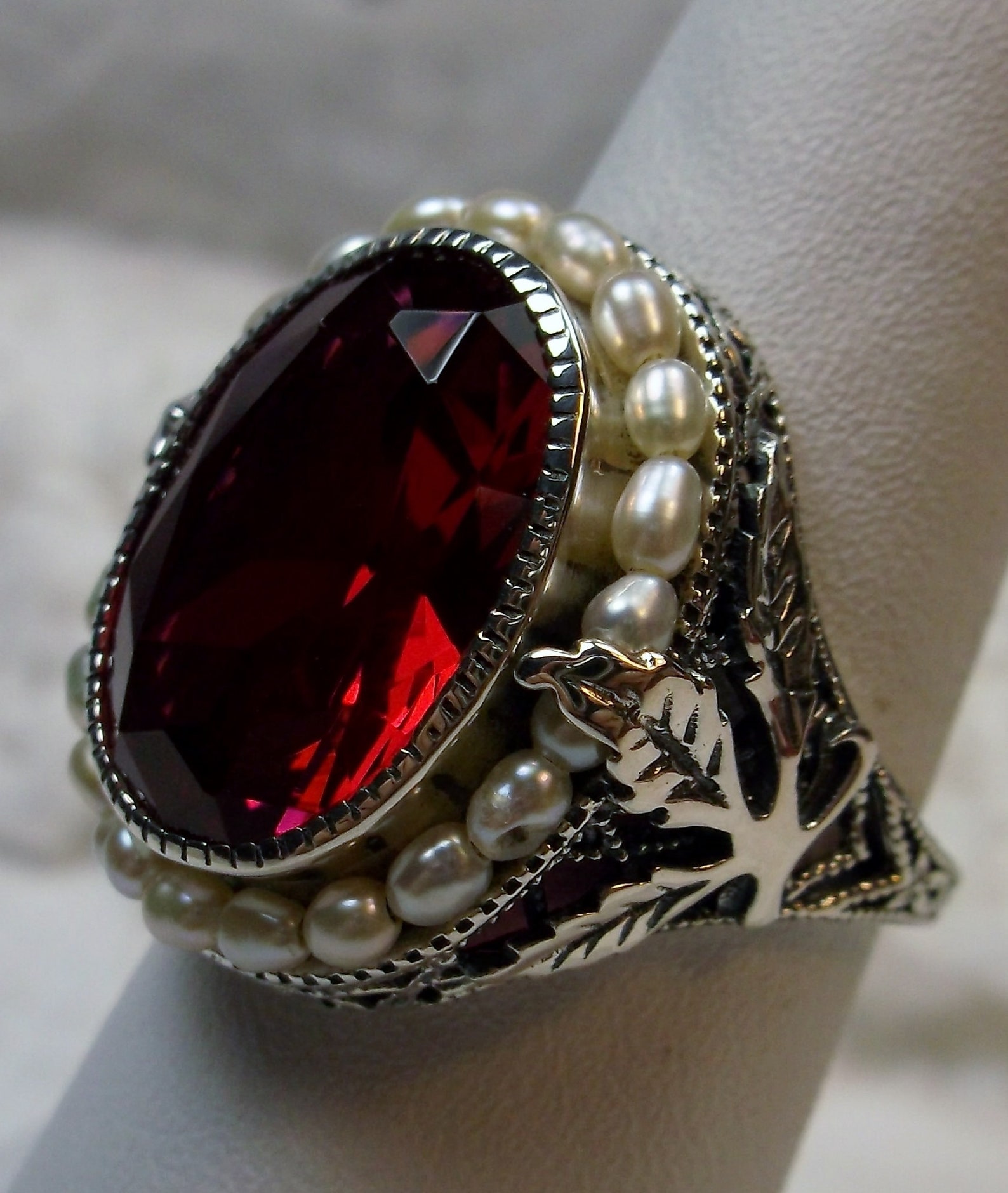 Ruby & Pearl Ring/ Solid Sterling Silver/ Oval Simulated Ruby - Etsy