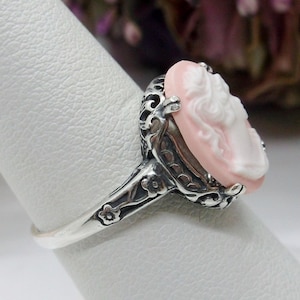 Cameo Lady Ring/ Solid Sterling Silver/ Light Pink & White Silhouette ...