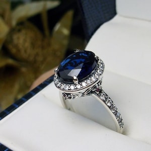 Blue Sapphire Halo Ring • 4ct Oval Simulated Gem & White CZ Pavé • Art ...