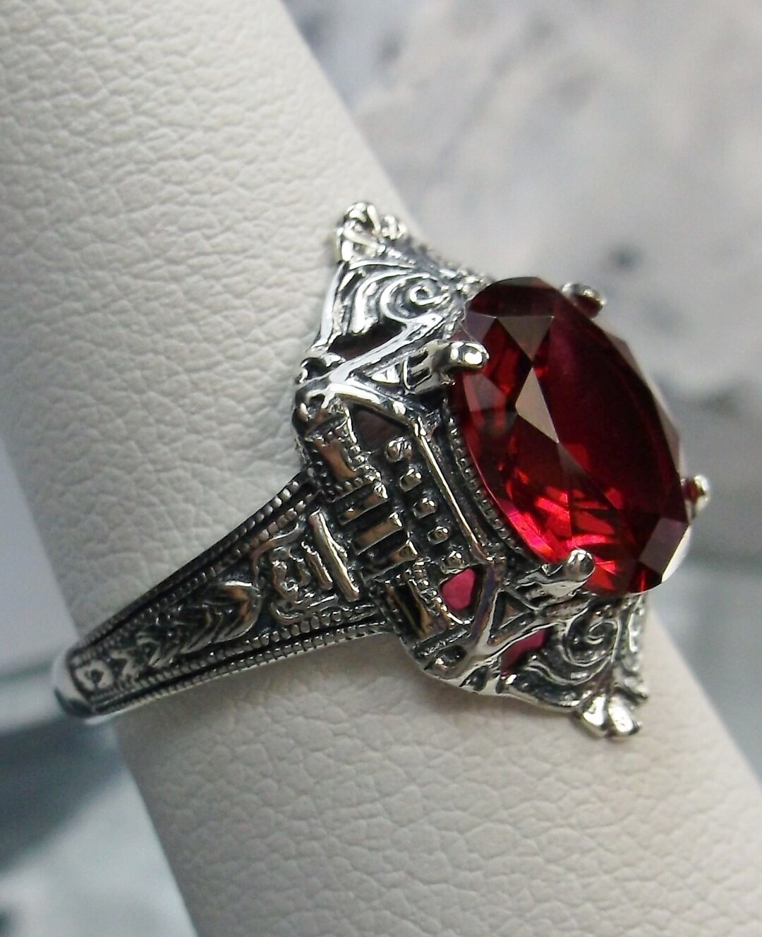 Ruby Ring/ Solid Sterling Silver/ Oval Simulated Red Ruby, Egyptian Filigree, Classic Art Deco ...
