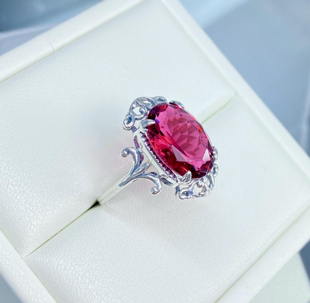 Red Ruby Ring/ Sterling Silver/ 5ct Oval Cut Simulated Red Ruby Sterling Silver Gothic Leaf ...