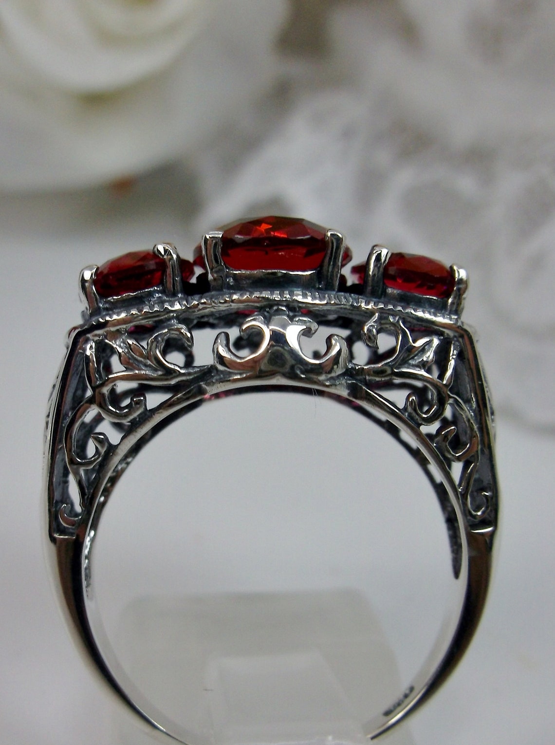 Ruby Ring/ Solid Sterling Silver/ 3-Gem Oval Cut Simulated | Etsy