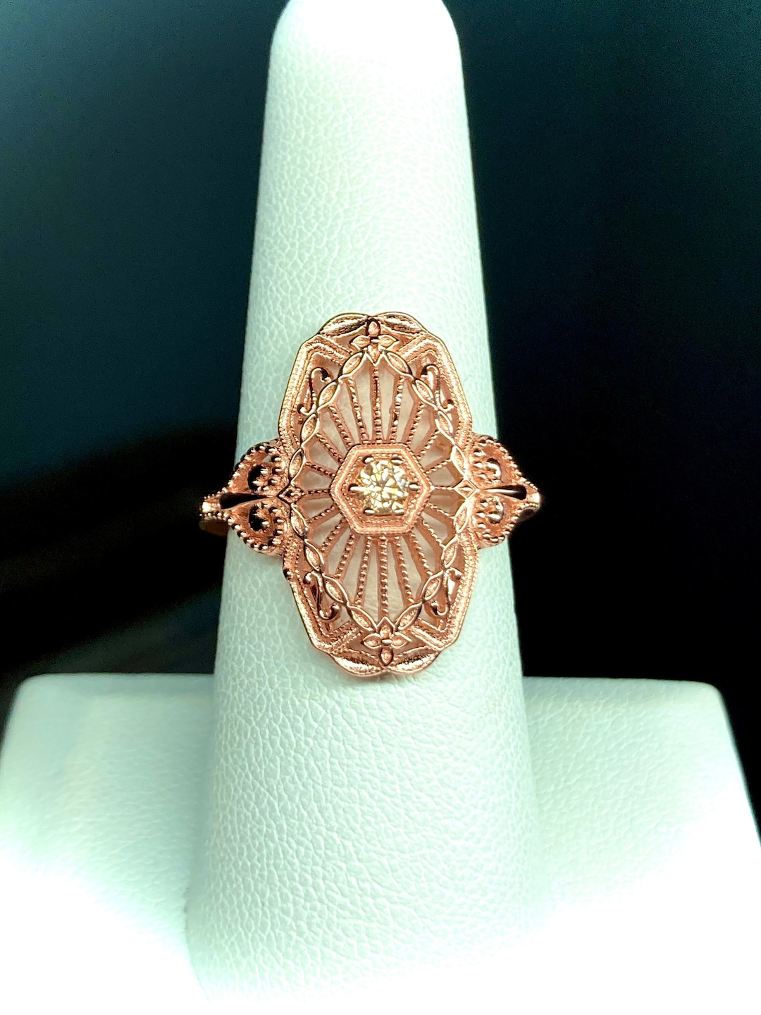 Vintage Style Champagne CZ Ring | Rose Gold & Sterling Silver | Peach ...