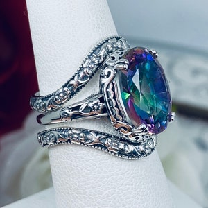 Rainbow Mystic Ring With Floral Band Set, Sterling Silver Ring ...