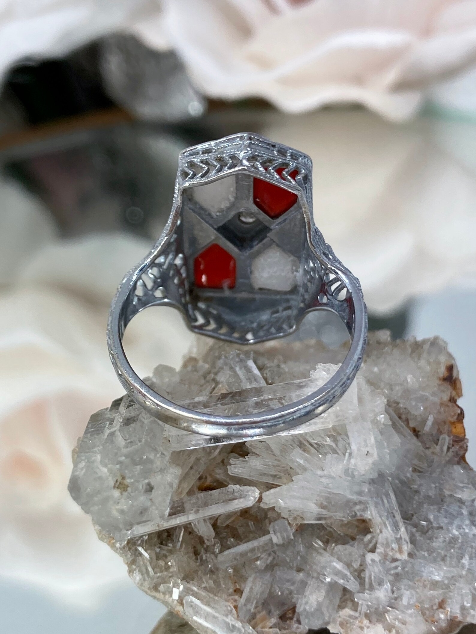Antique Diamond and Shell Ring/ 14K White Gold /coral and - Etsy
