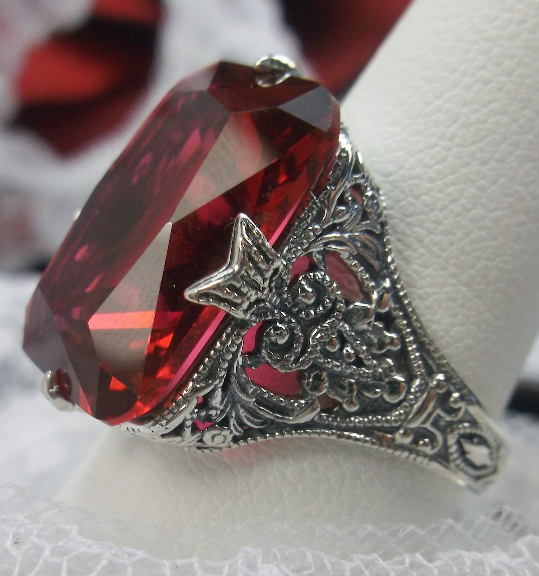 Ruby Ring/ Solid Sterling Silver/ 12ct Simulated Red Ruby Gem Art-deco ...