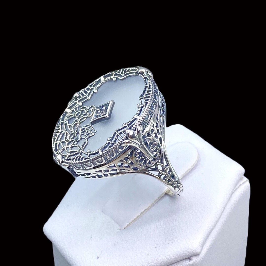 Stained Glass Oval Ring | Art Deco | Frosted Camphor (inset CZ ...