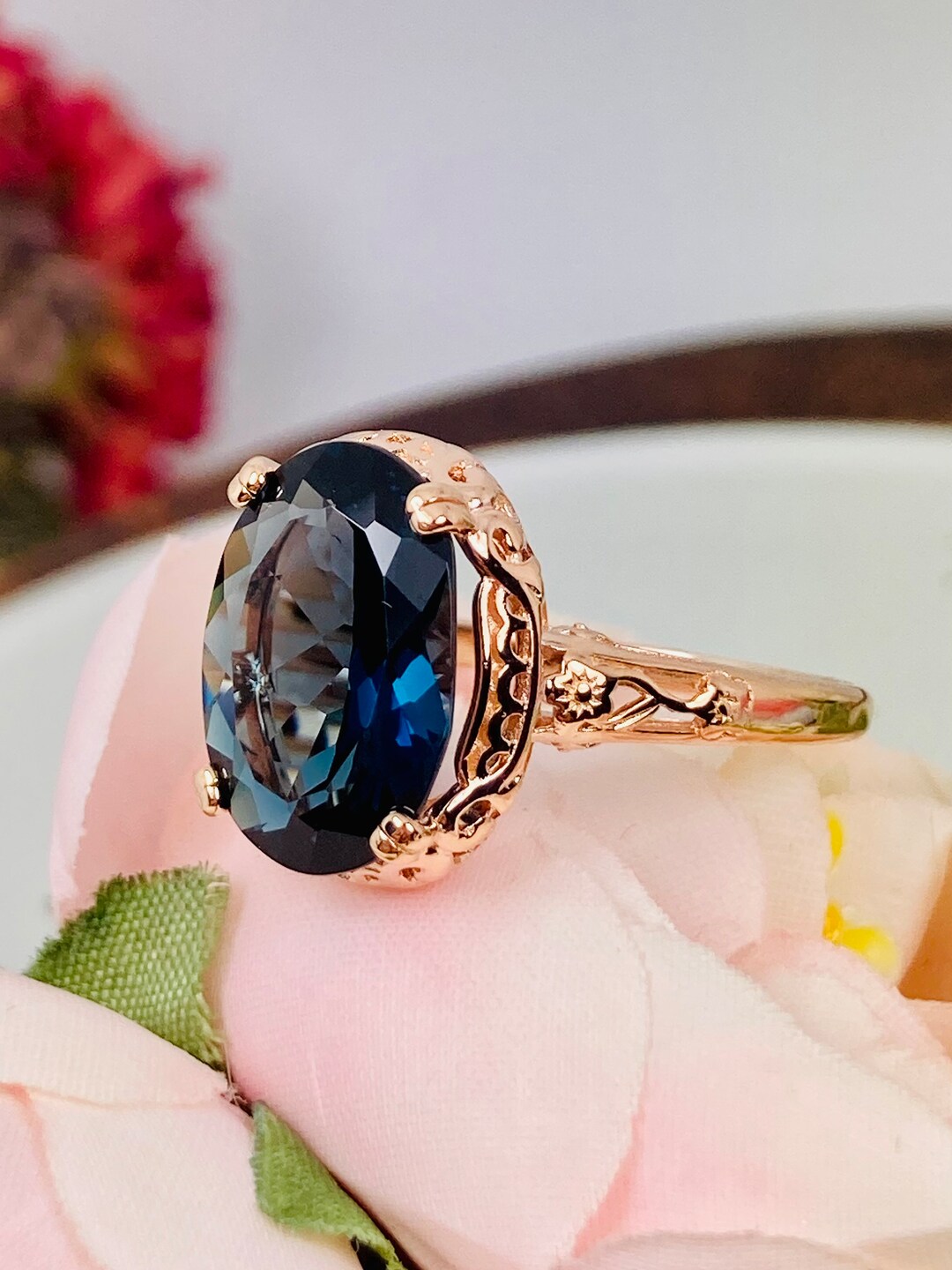 London Blue Topaz Ring • Rose Gold Plated Sterling Silver 925 • Oval ...