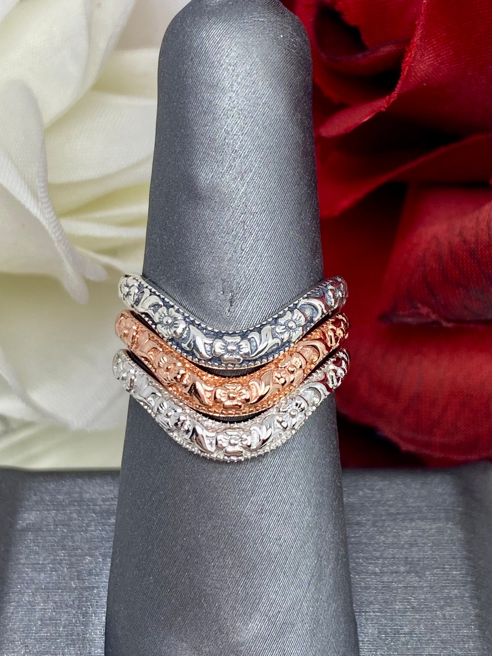 Floral High Curve Ring Band, Sterling Silver, White or Rose Gold ...