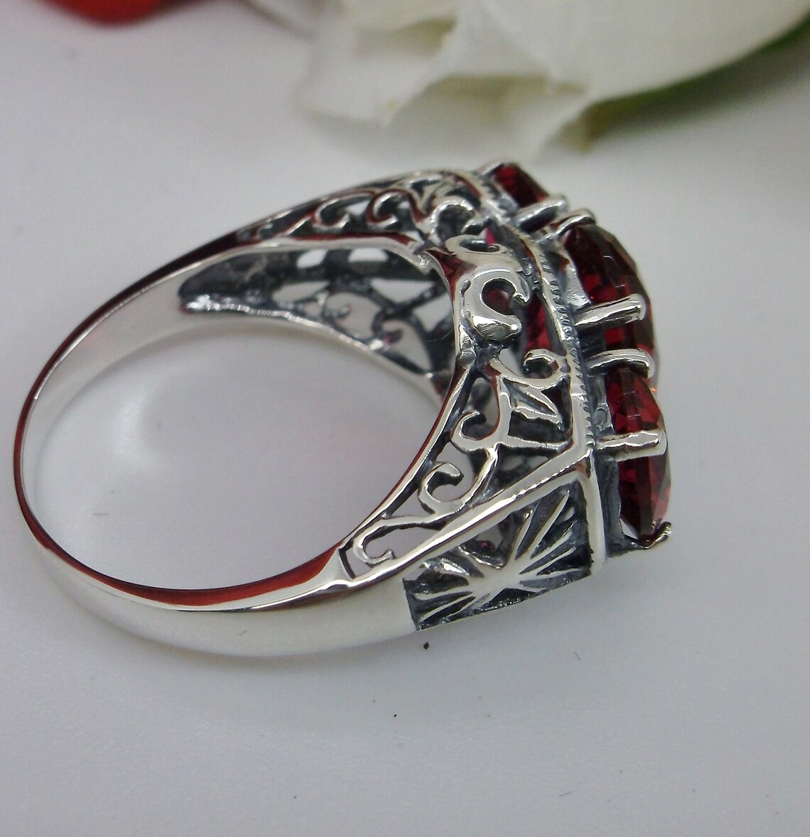 Ruby Ring/ Solid Sterling Silver/ 3-Gem Oval Cut Simulated | Etsy