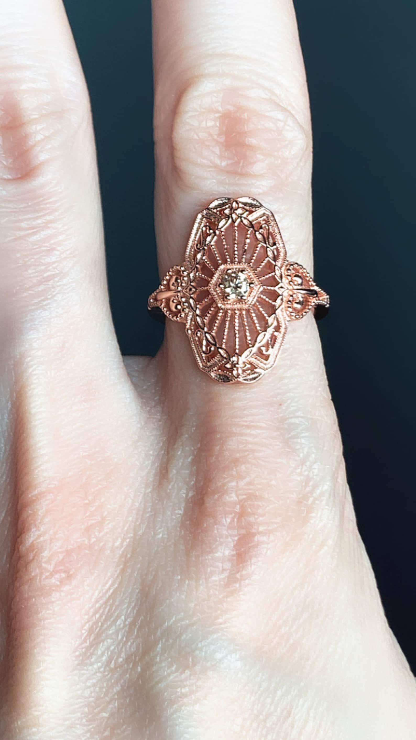 Vintage Style Champagne CZ Ring | Rose Gold & Sterling Silver | Peach ...