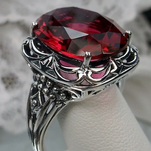 Ruby Ring/ Solid Sterling Silver/ 12ct Oval Cut Simulated Red Ruby, Retro Swirl Filigree custom ...